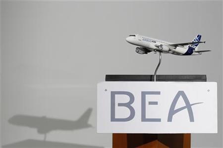View of the desk with an A320 plane model after a news conference at ...