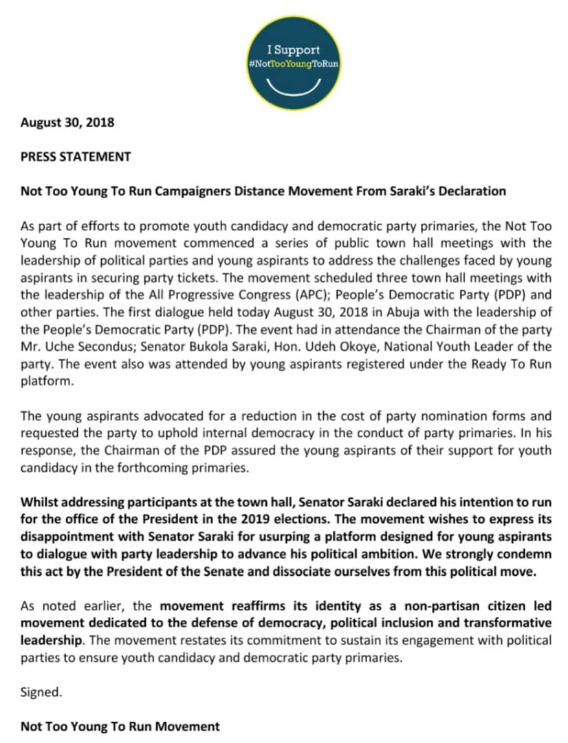 2019: Not Too Young To Run Dissociates Self From Saraki’s Declaration ...