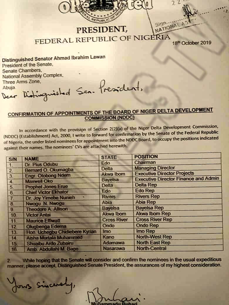 Buhari Sends NDDC Board List To Senate For Confirmation – Channels ...