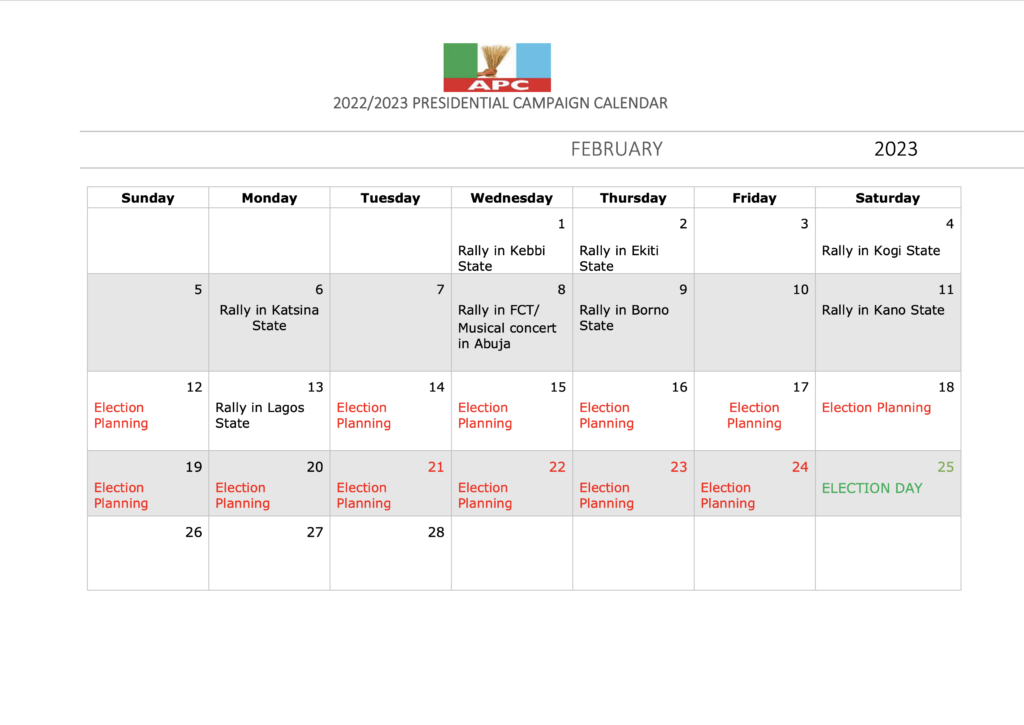 APC Presidential Campaign Council Releases 2023 Campaign Calendar ...
