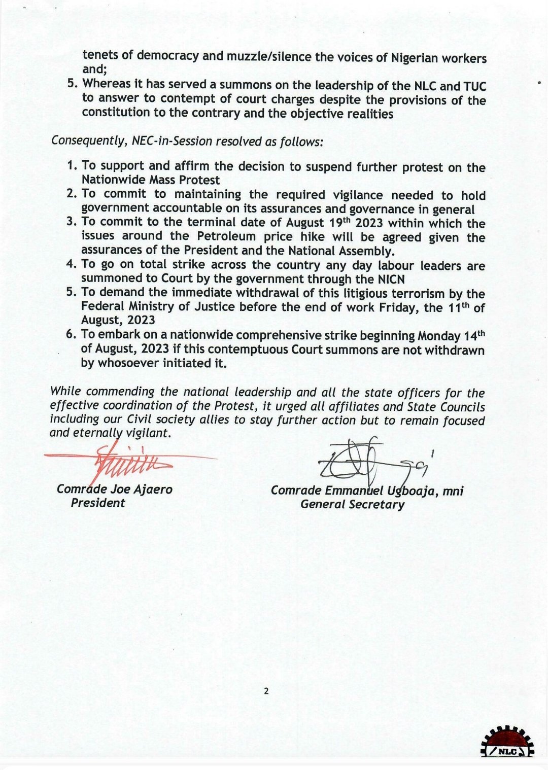 NLC Threatens Strike If FG Fails To Withdraw Lawsuit • Channels Television