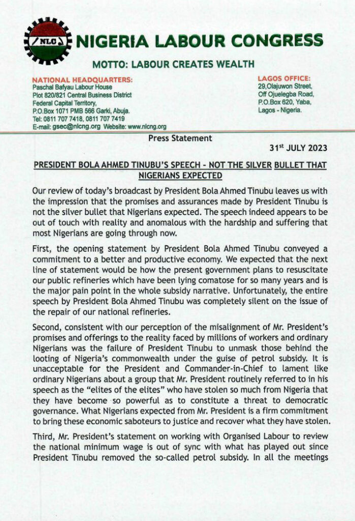 ‘Out Of Touch With Reality’, NLC Faults Tinubu’s Speech On Palliatives – Channels Television